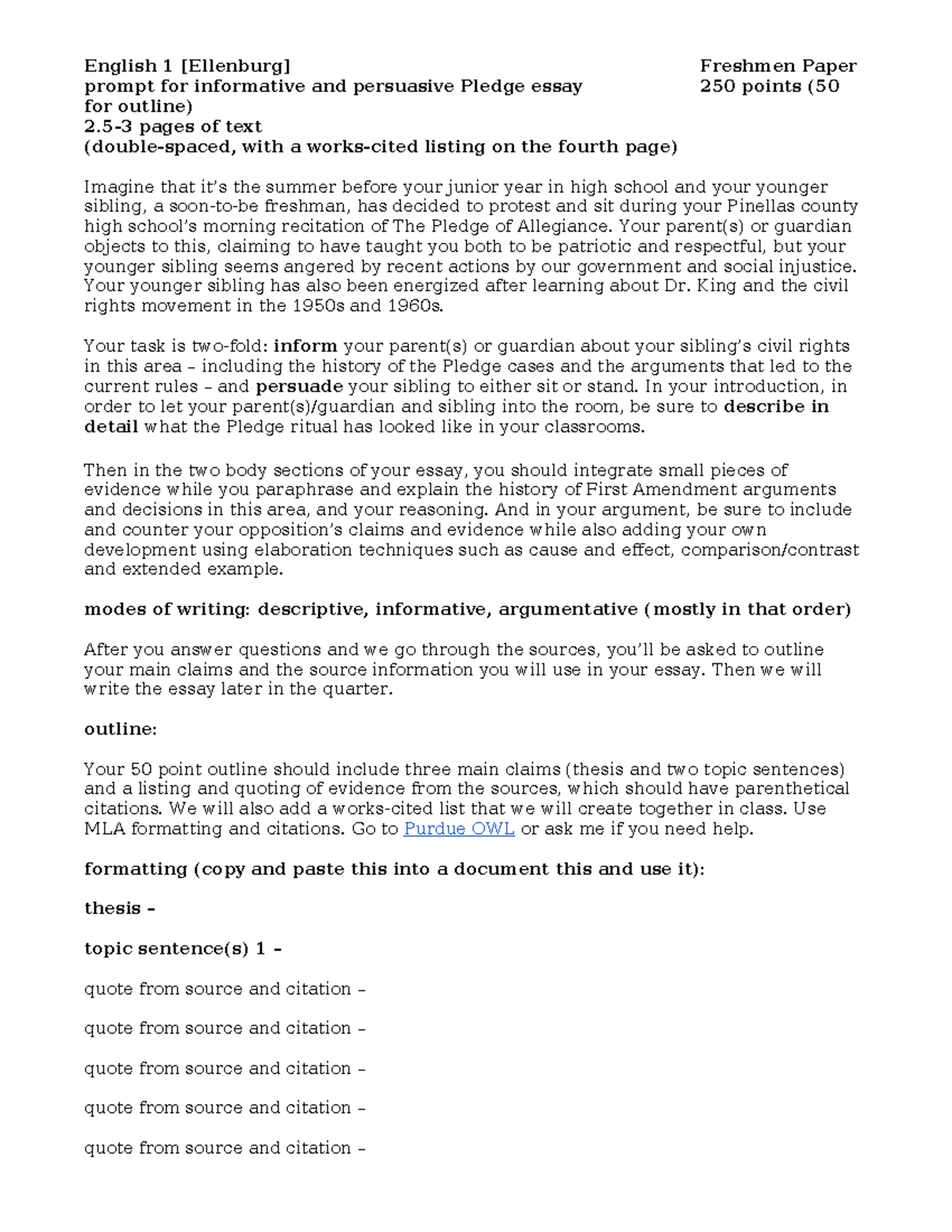 Pledge prompt eng 1 24 draft - English 1 [Ellenburg] Freshmen Paper ...