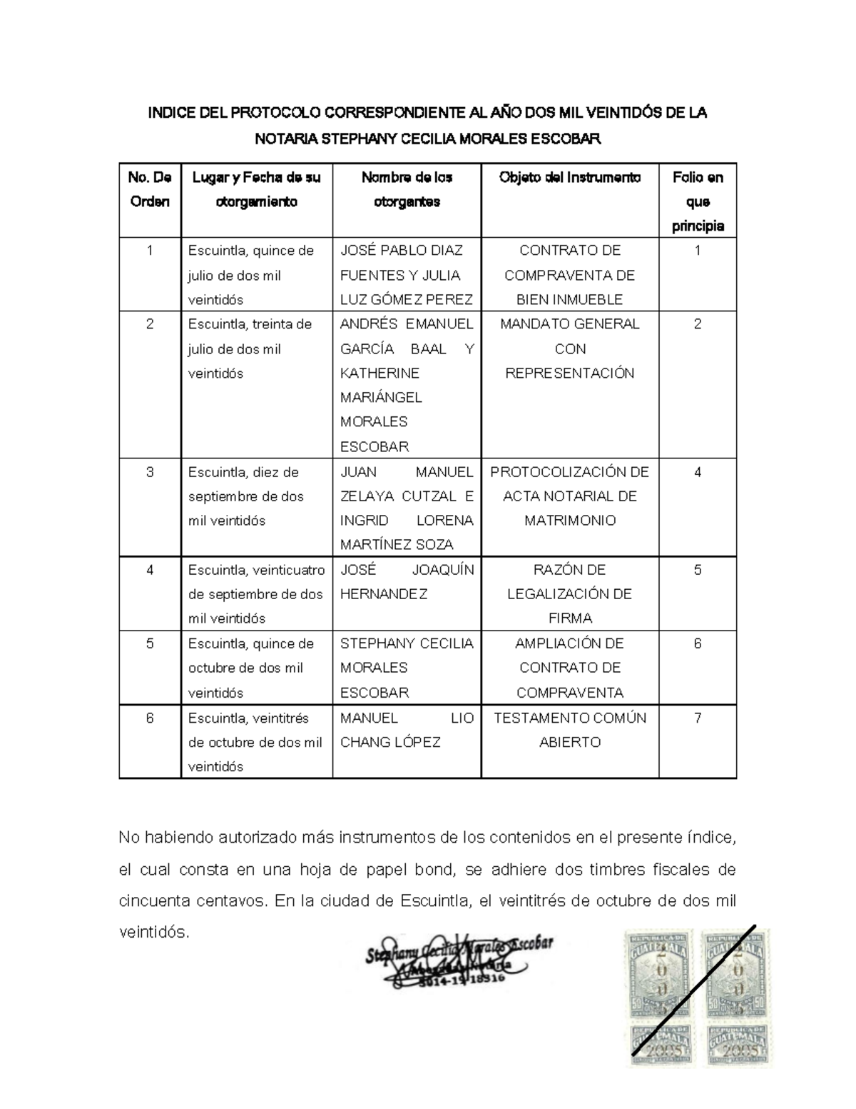 Indice DE Protocolo CECI - INDICE DEL PROTOCOLO CORRESPONDIENTE AL AÑO ...