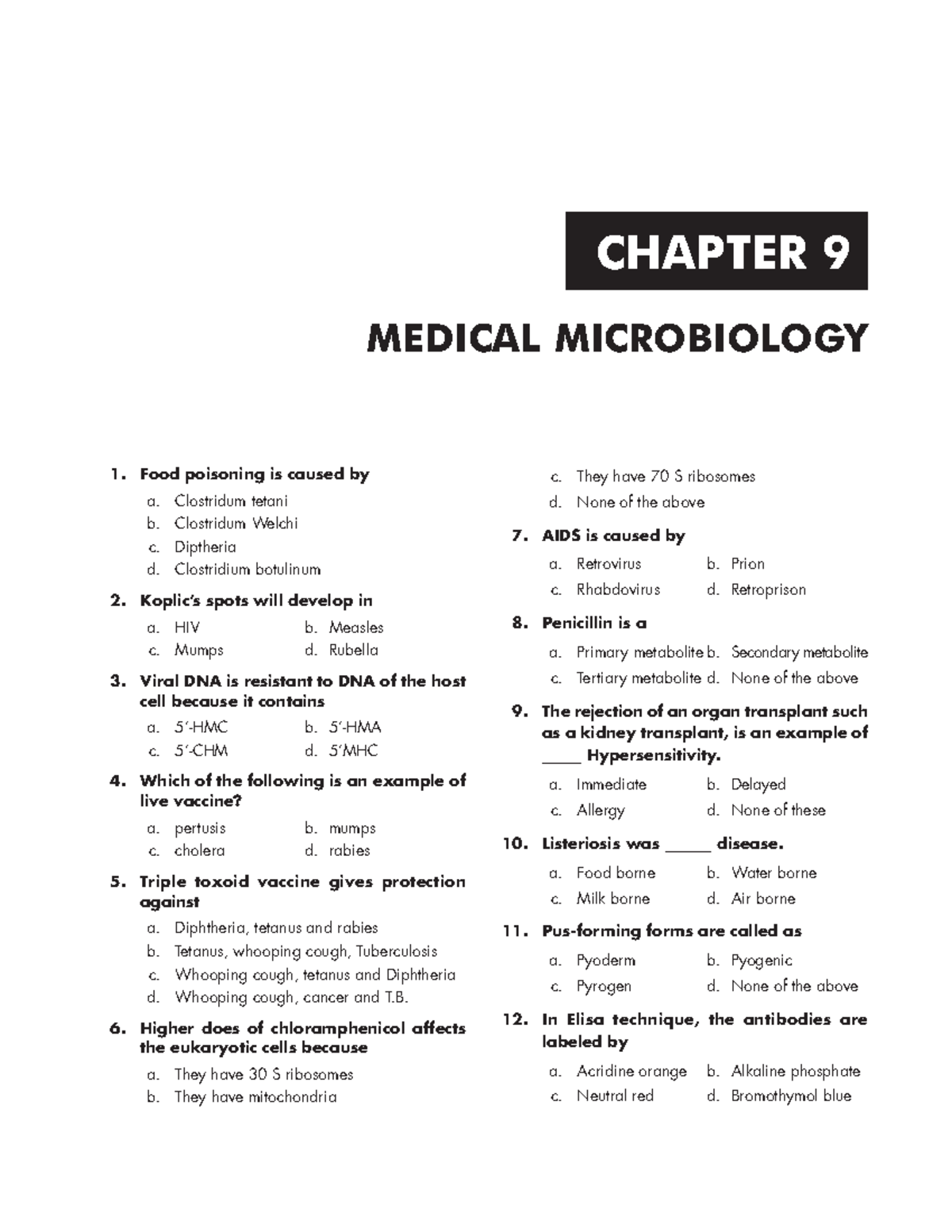 Micro mcq - Food poisoning is caused by a. Clostridum tetani b. Clostridum Welchi c. Diptheria d ...