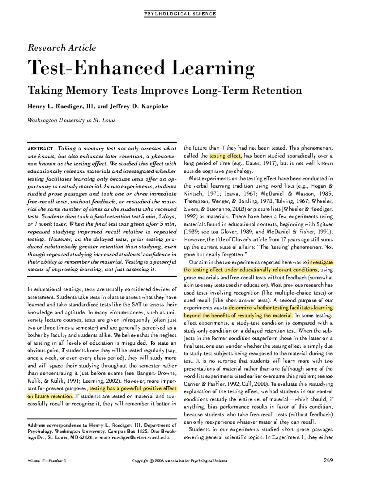 Roediger karpicke 2006 test enhanced learning taking memory tests ...