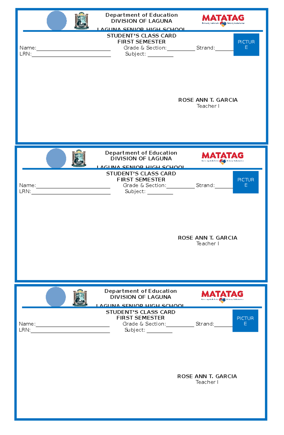 Class CARD- BLUE - SHS - INFORMATION - Department of Education DIVISION ...