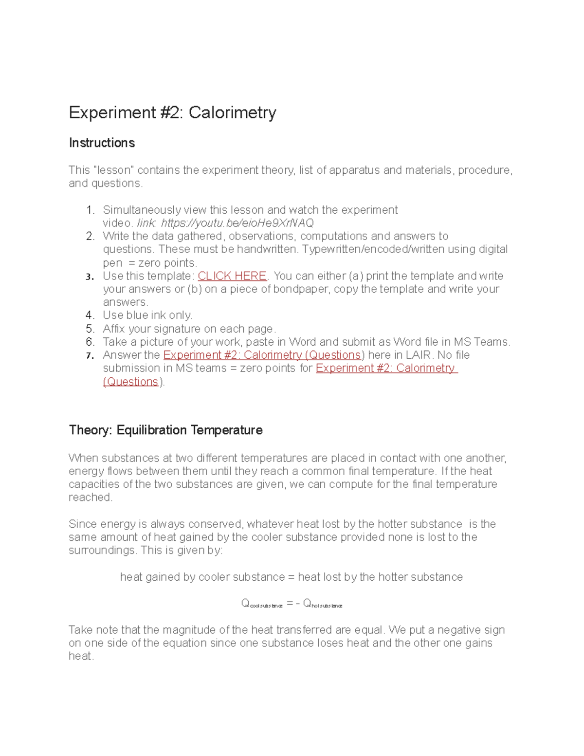 Experiment 2 Notes - chem - Experiment #2: Calorimetry Instructions ...
