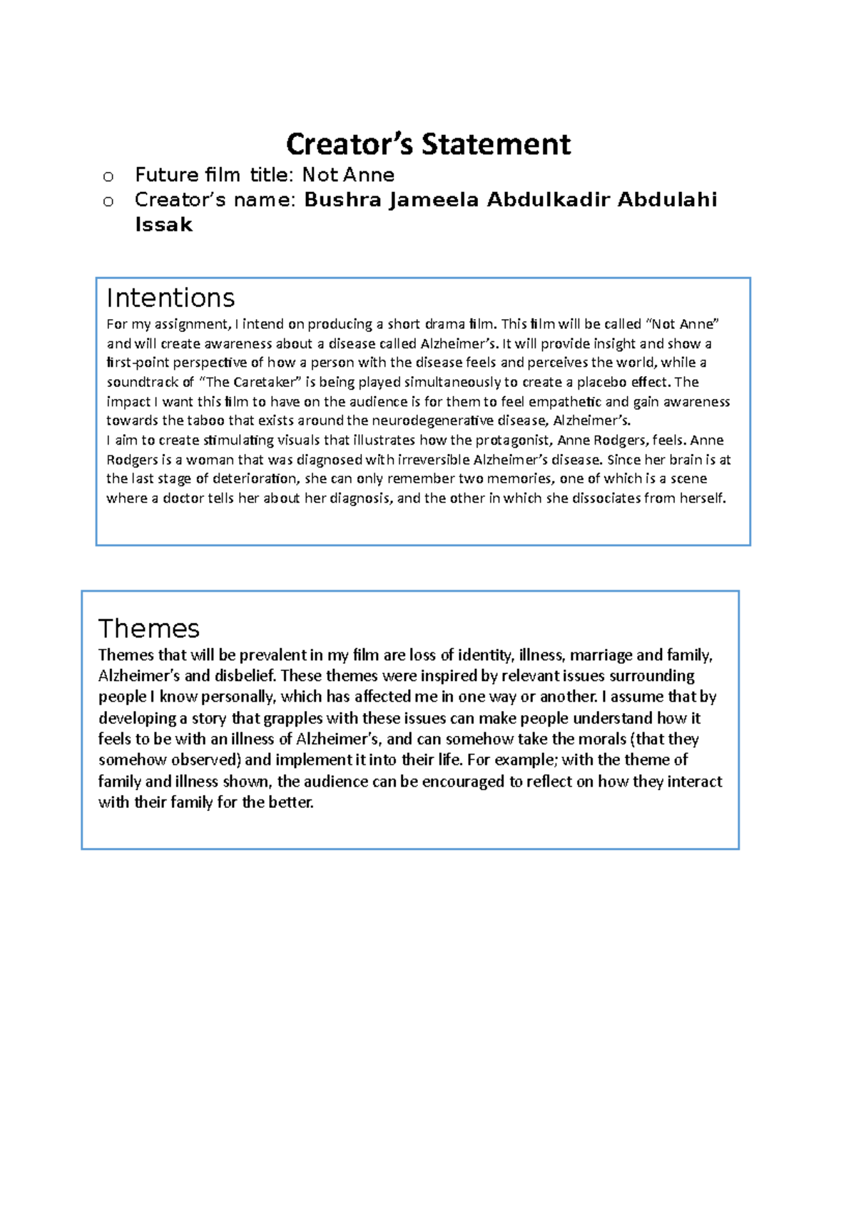 Artist Research Creators Statement - Creator’s Statement o Future film ...