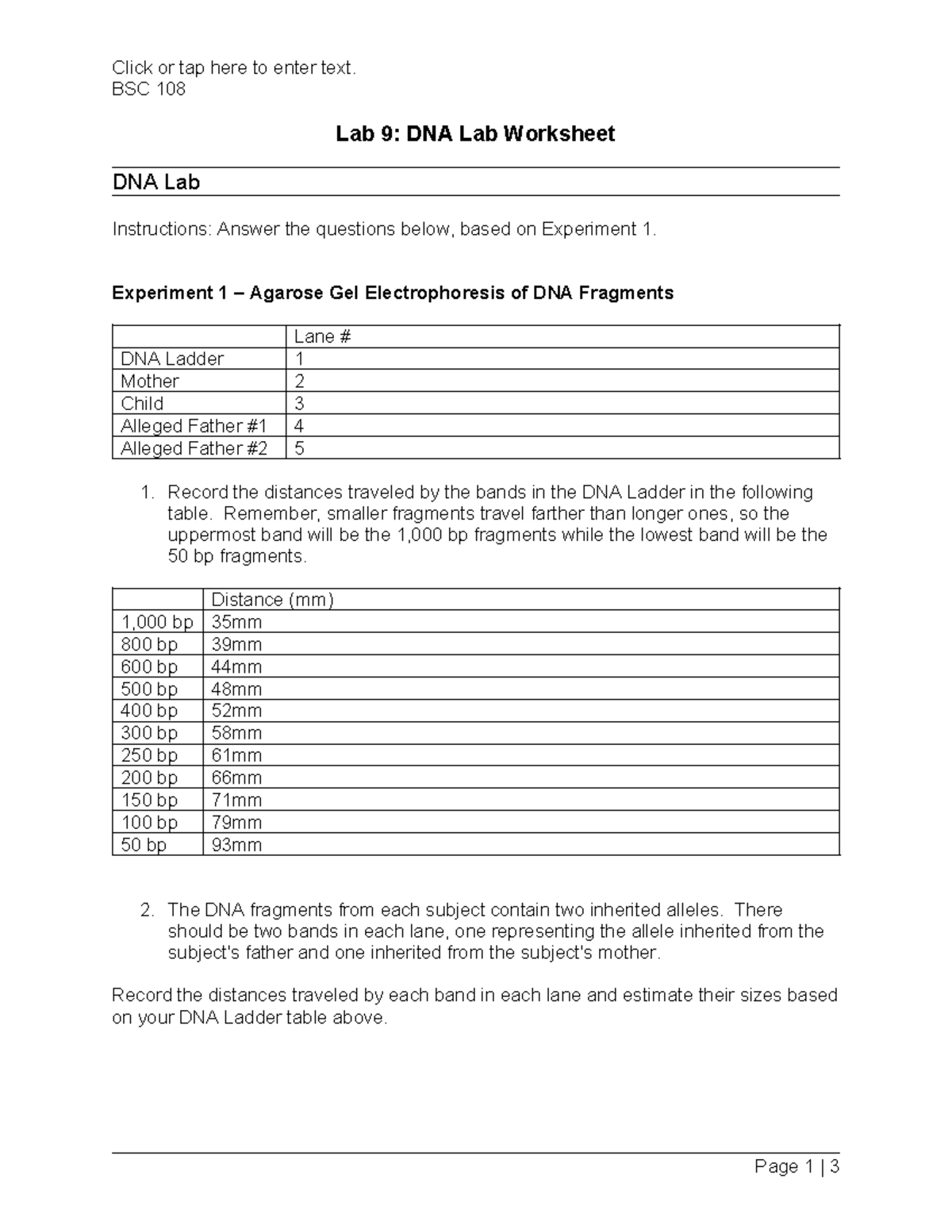 Lab 9 DNA Worksheet - Click or tap here to enter text. BSC 108 Lab 9 ...