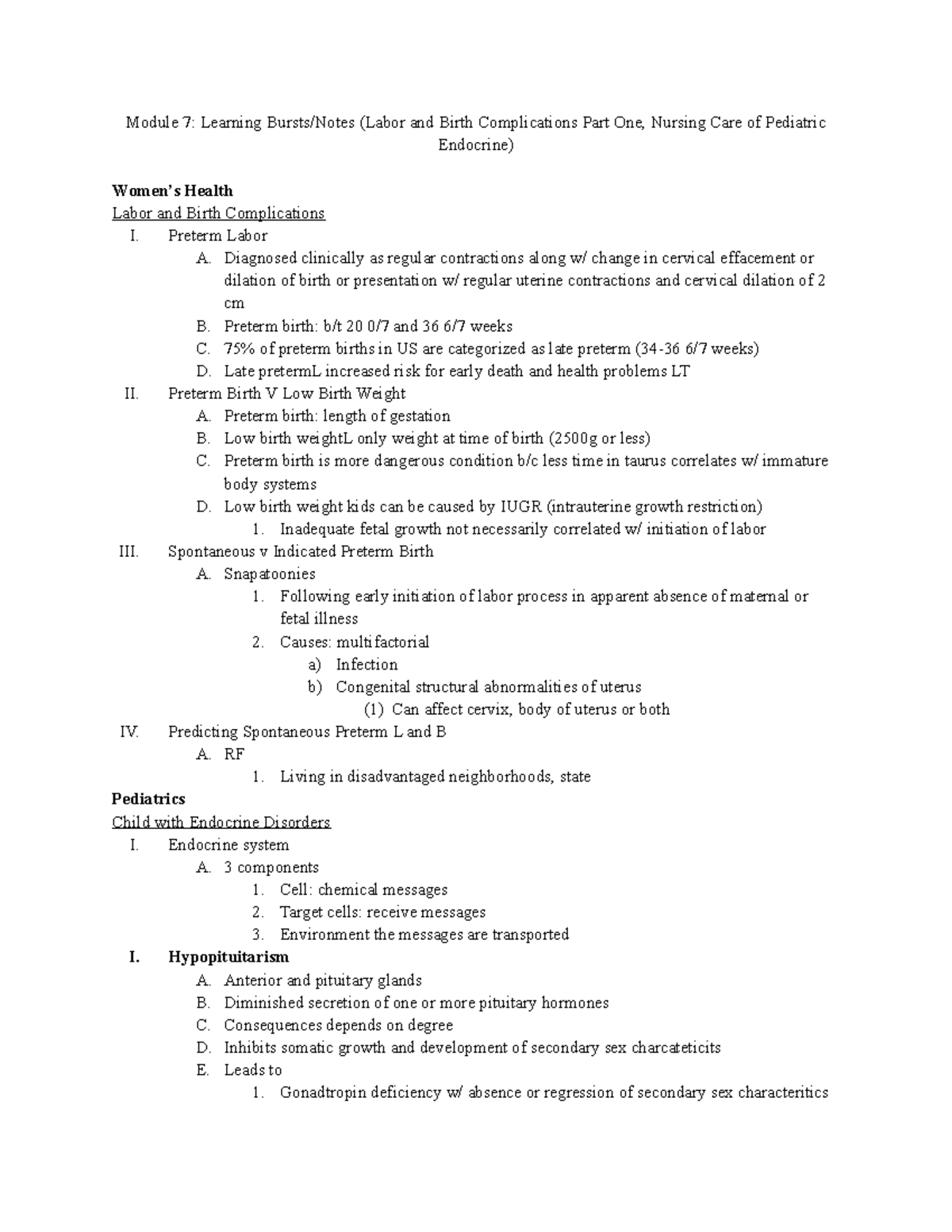 Module 7 Learning Bursts Notes (Labor and Birth Complications Part One ...