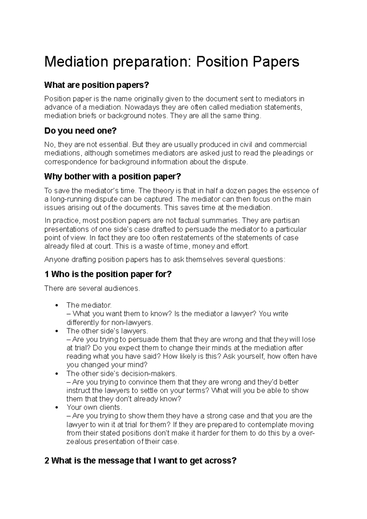 A Perspective on Mediation Position Papers - Mediation preparation ...