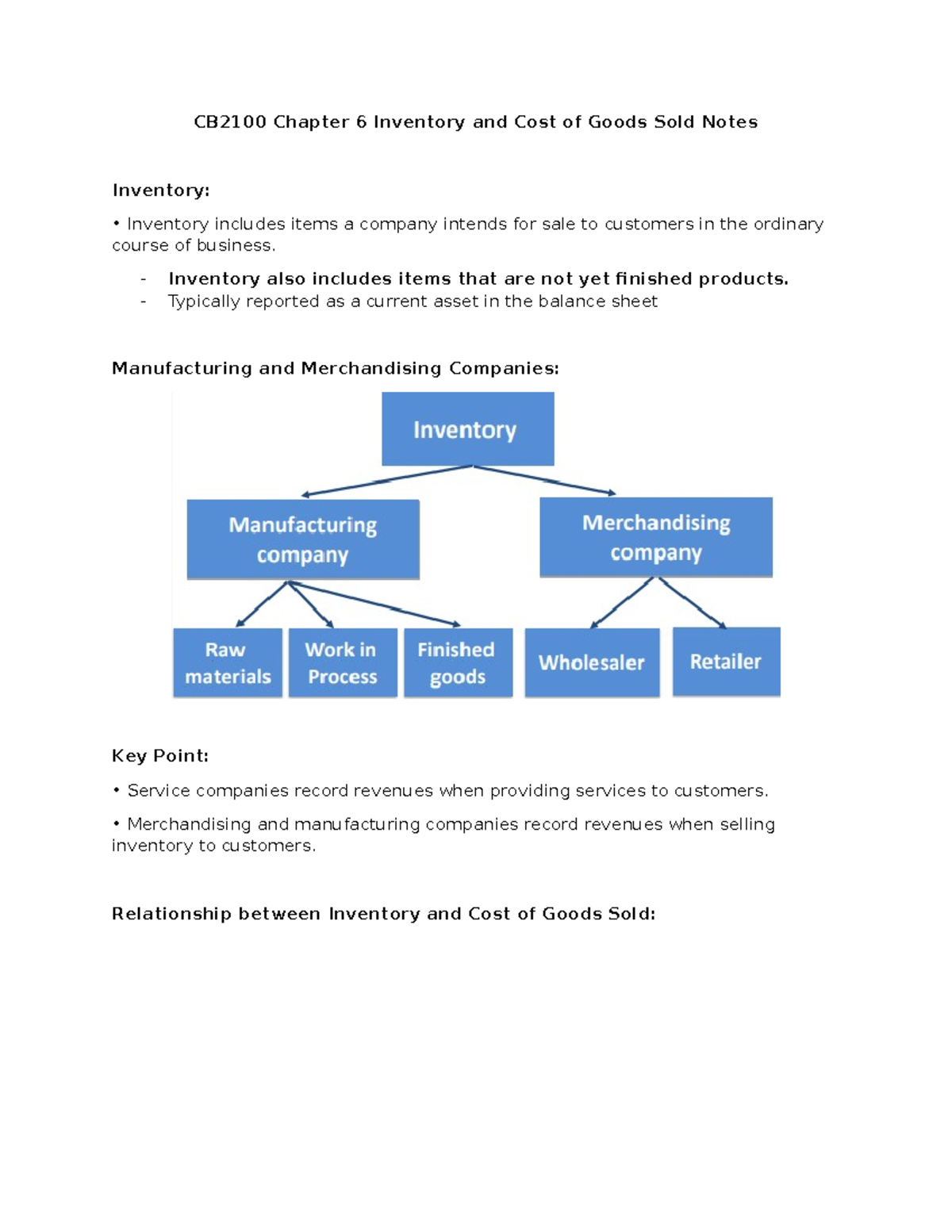 CB2100 Chapter 6 Inventory and Cost of Goods Sold Notes - Inventory ...