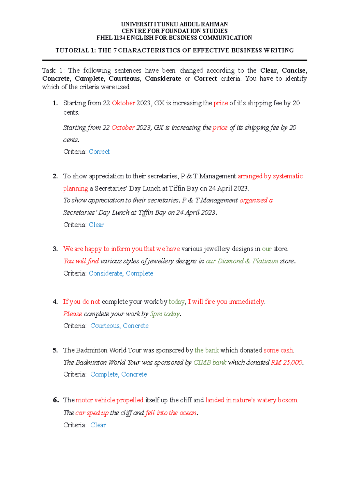 Tutorial 1 7Cs - Student - UNIVERSITI TUNKU ABDUL RAHMAN CENTRE FOR ...