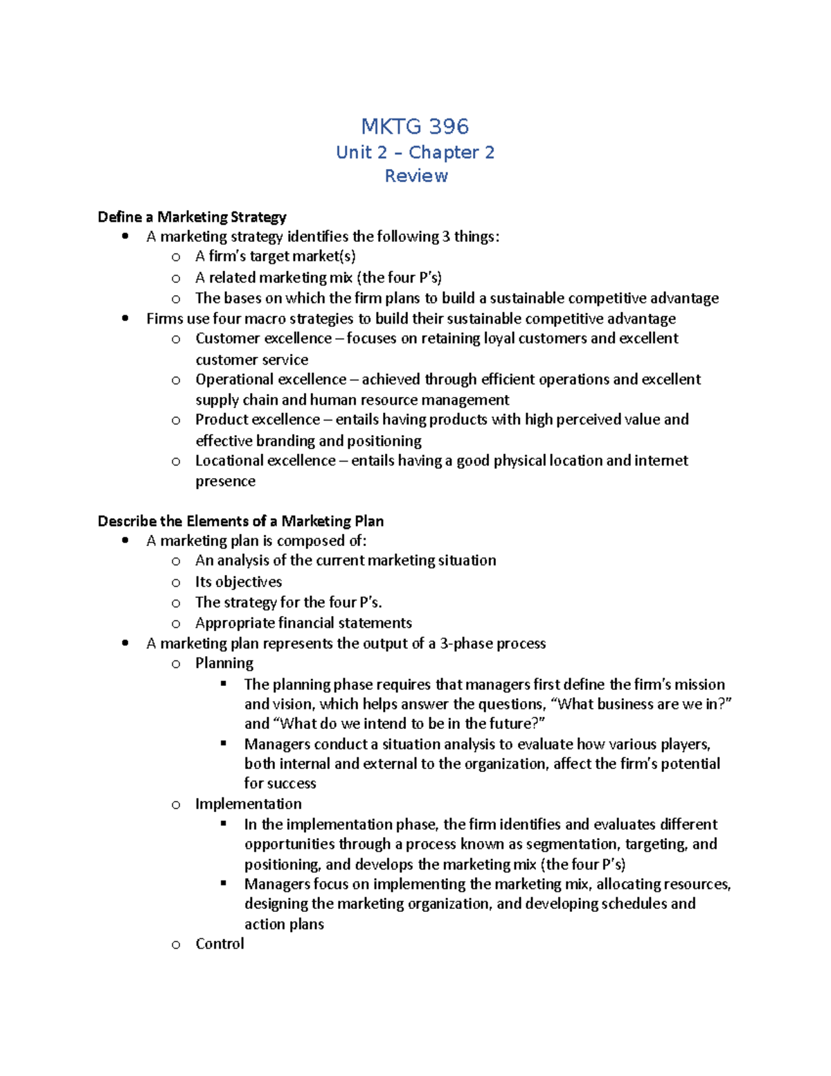 Unit 2 Notes - MKTG 396 Unit 2 – Chapter 2 Review Define a Marketing ...