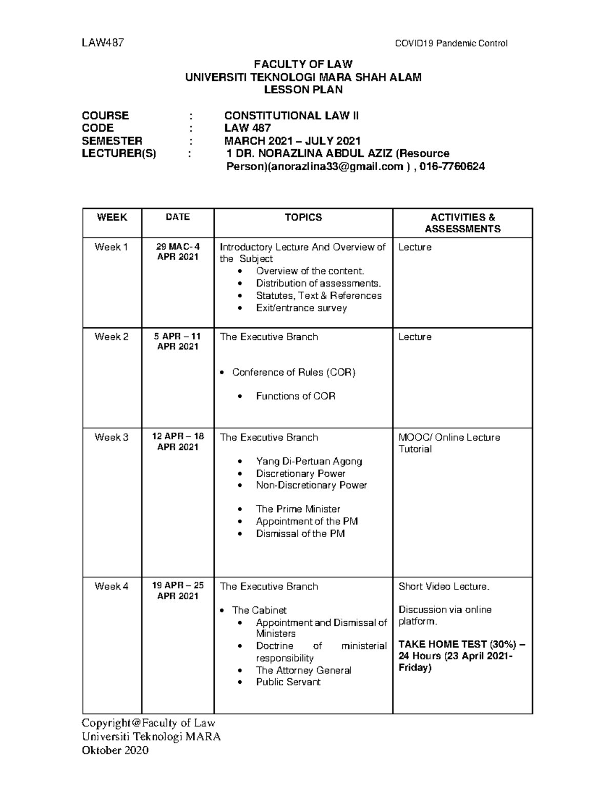 Lesson PLAN LAW487 MAC 2021 - Copyright@Faculty of Law Universiti ...
