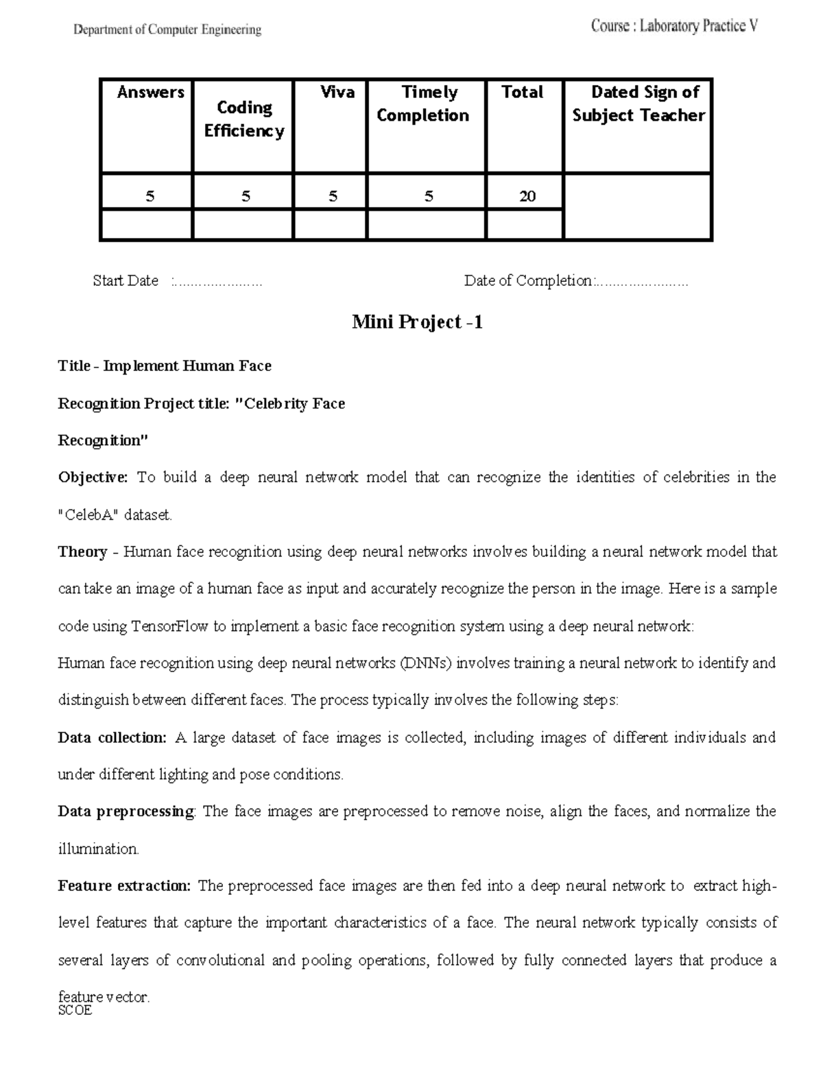 Miniproj-1-humanfacerecognition - Answers Coding Efficiency Viva Timely Completion Total Dated ...