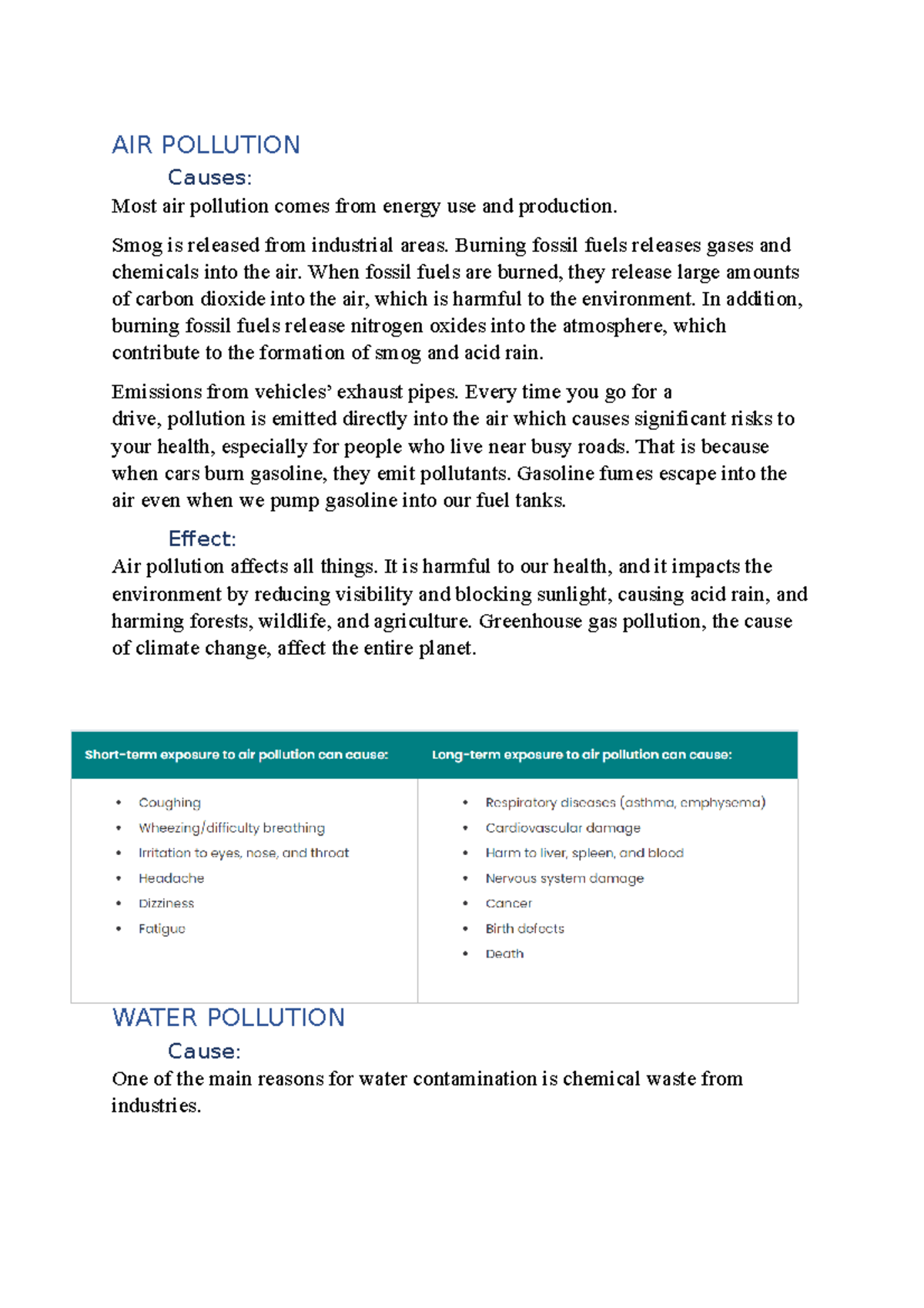 Environmental Problems - AIR POLLUTION Causes: Most air pollution comes ...