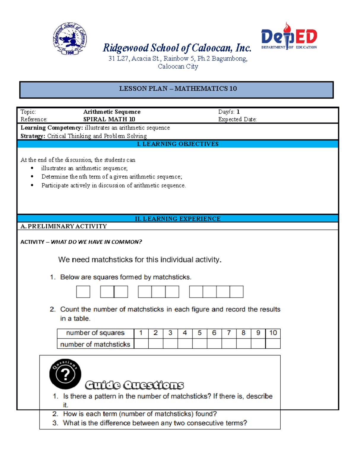 Mathematics 10 Lesson Plan 1st Quarter - Ridgewood School of Caloocan ...