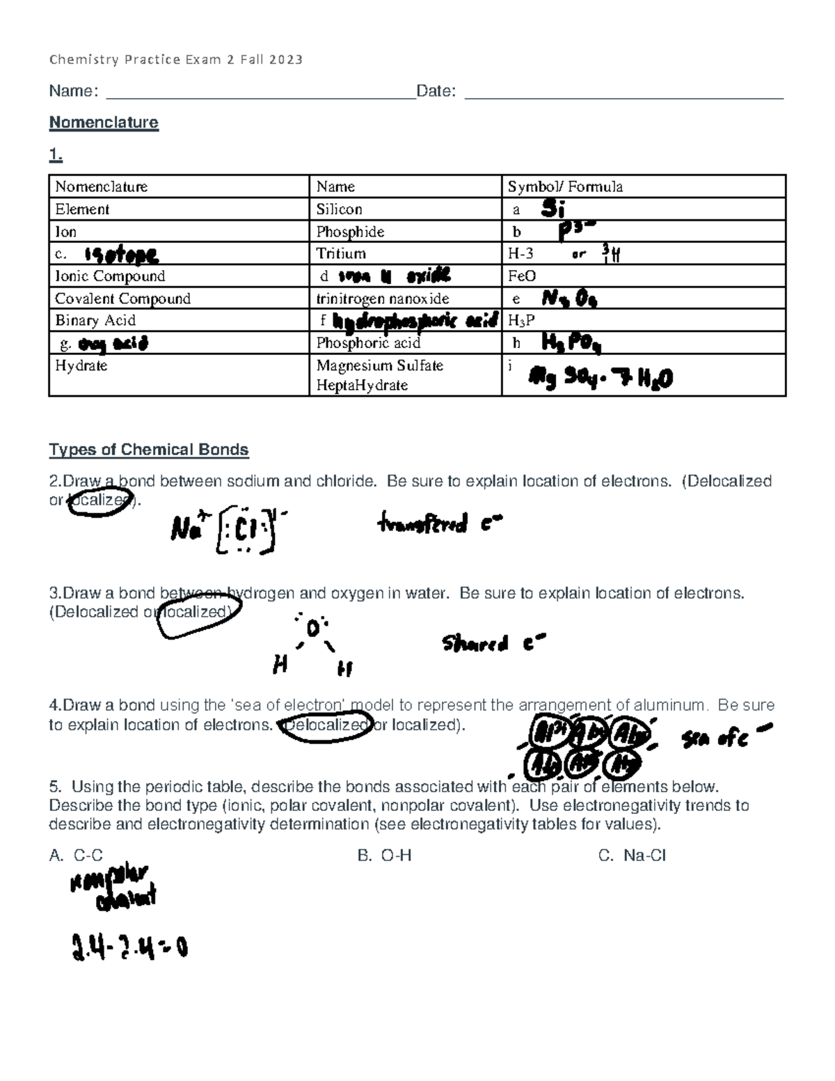 A MSJC Sp 24 Practice Exam 2 - Chemistry Practice Exam 2 Fall 2023 Name ...