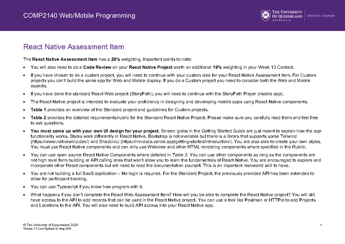 Rubric - Assignments - © The University of Queensland 202 4 1 React Native Assessment Item The ...