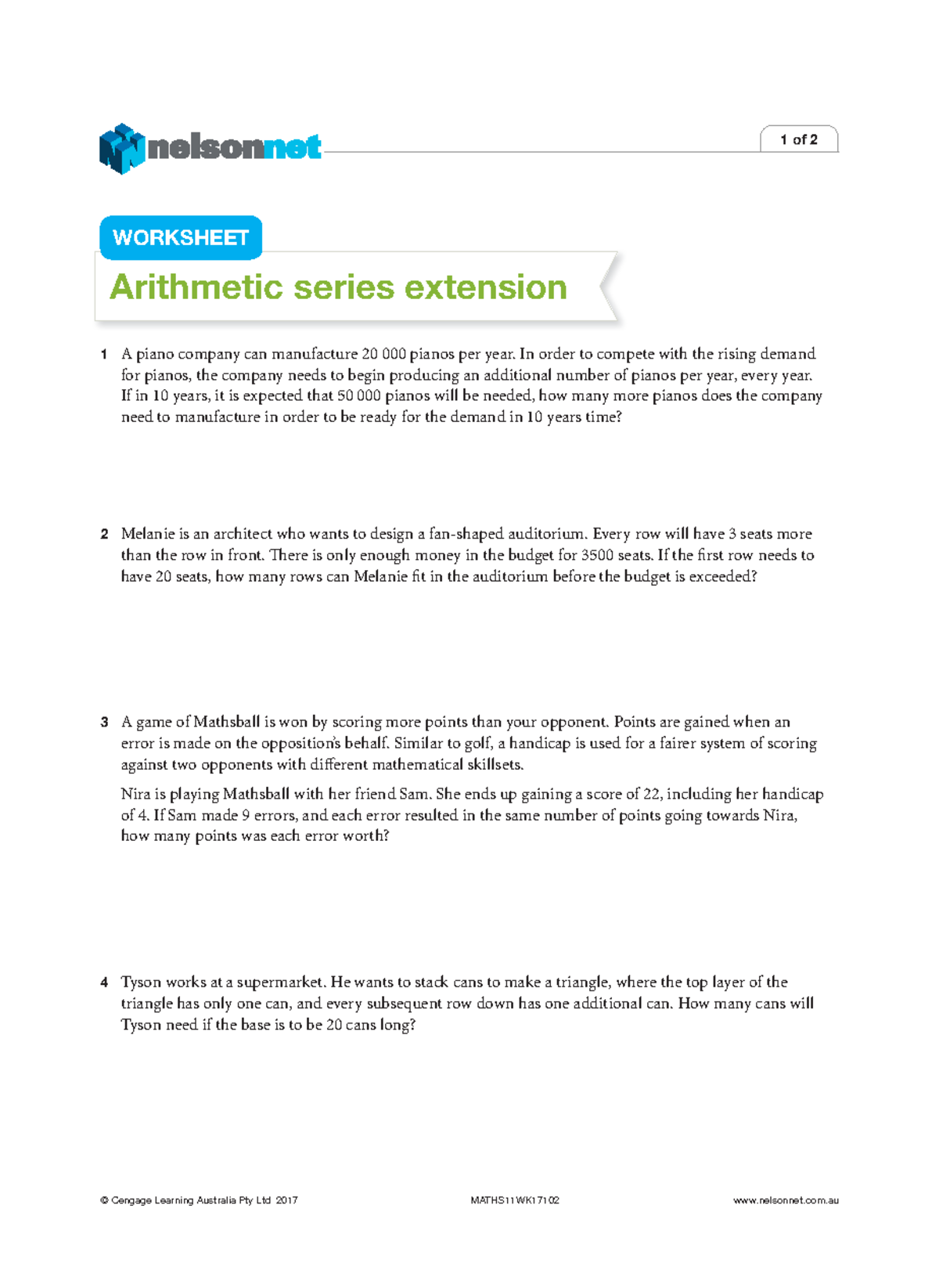 Arithmetic Series Extension - © Cengage Learning Australia Pty Ltd 2017 ...