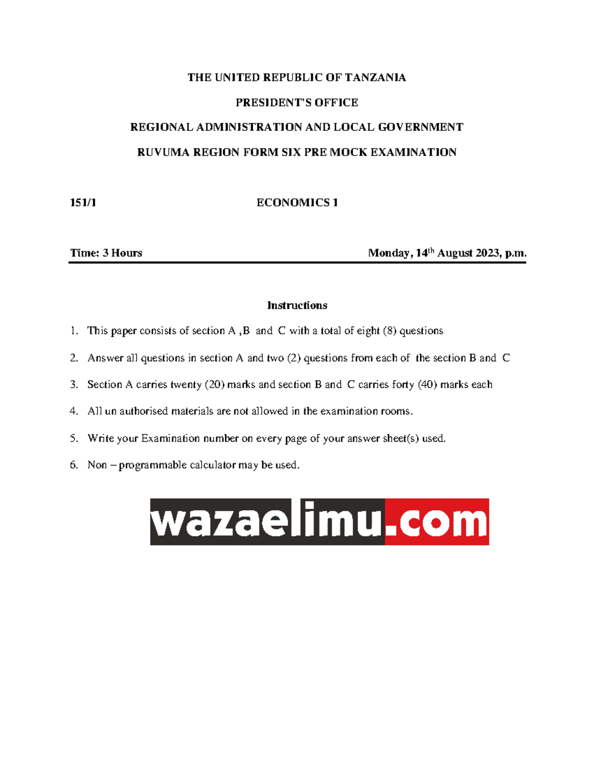 Economics 01- Wazaelimu - THE UNITED REPUBLIC OF TANZANIA PRESIDENT'S ...
