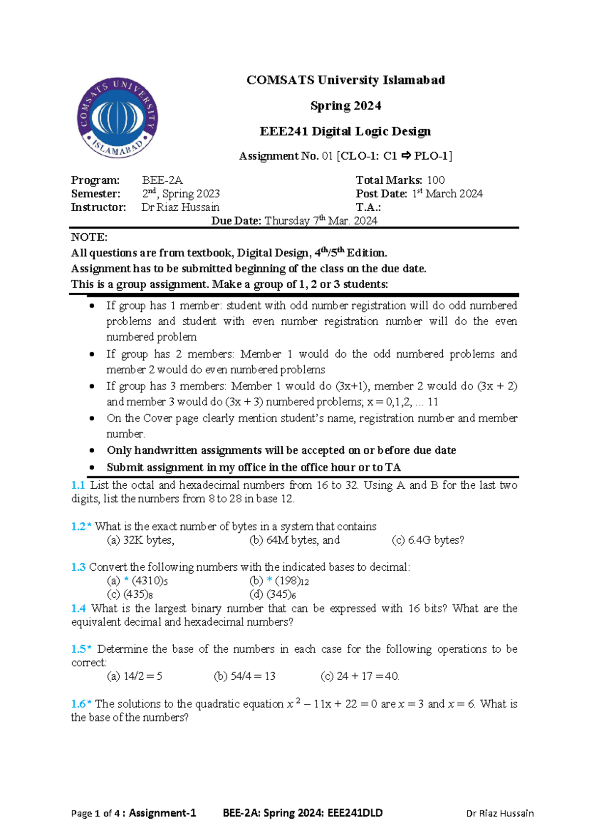 EEE241DLD-SP24BEE2A-A1 - COMSATS University Islamabad Spring 2024 ...