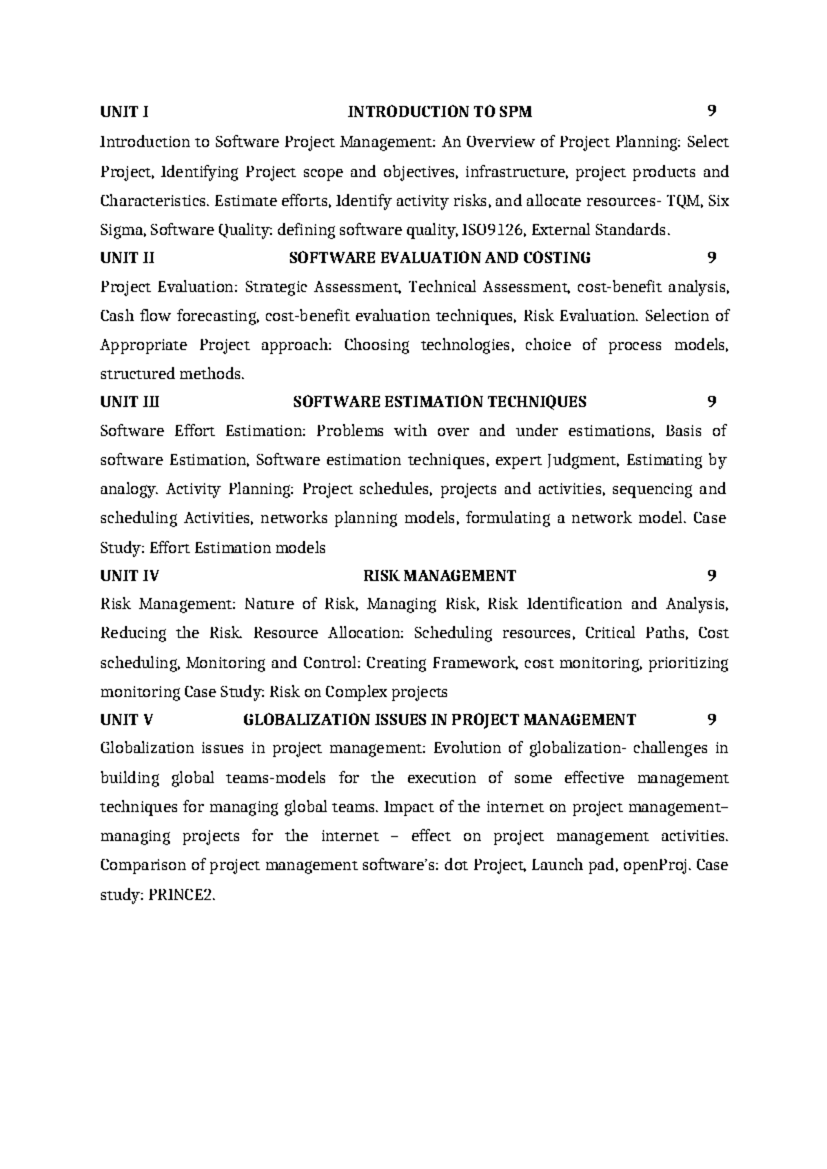 SPM - Question models with Performance indicator - UNIT I INTRODUCTION ...