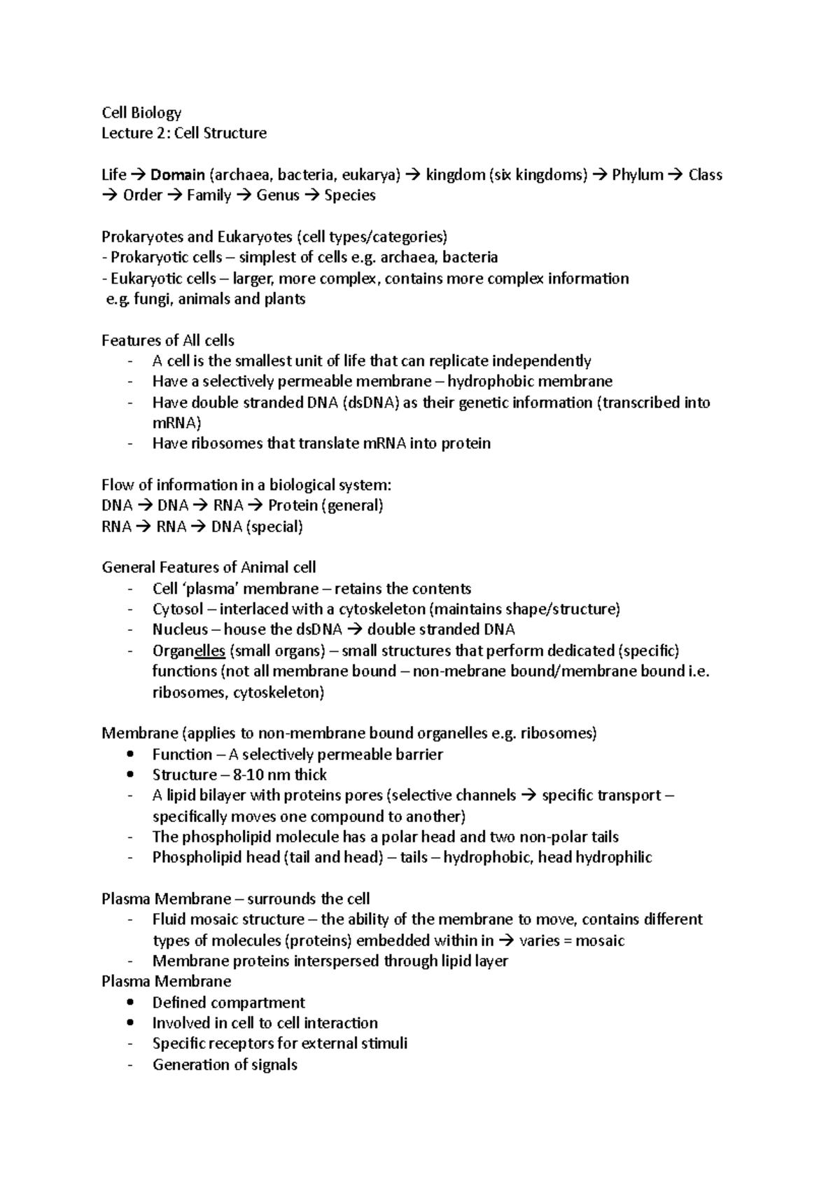 L2 - Cell structure - Summary of topic in lecture - Cell Biology ...