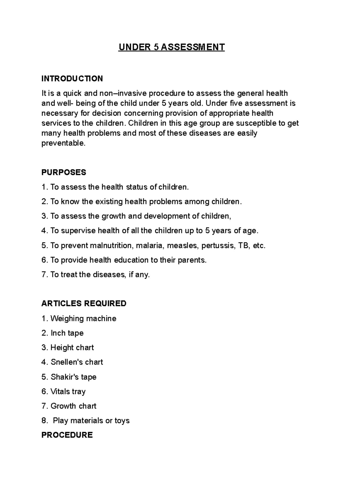 Under 5 Assessment - Good - UNDER 5 ASSESSMENT INTRODUCTION It is a ...