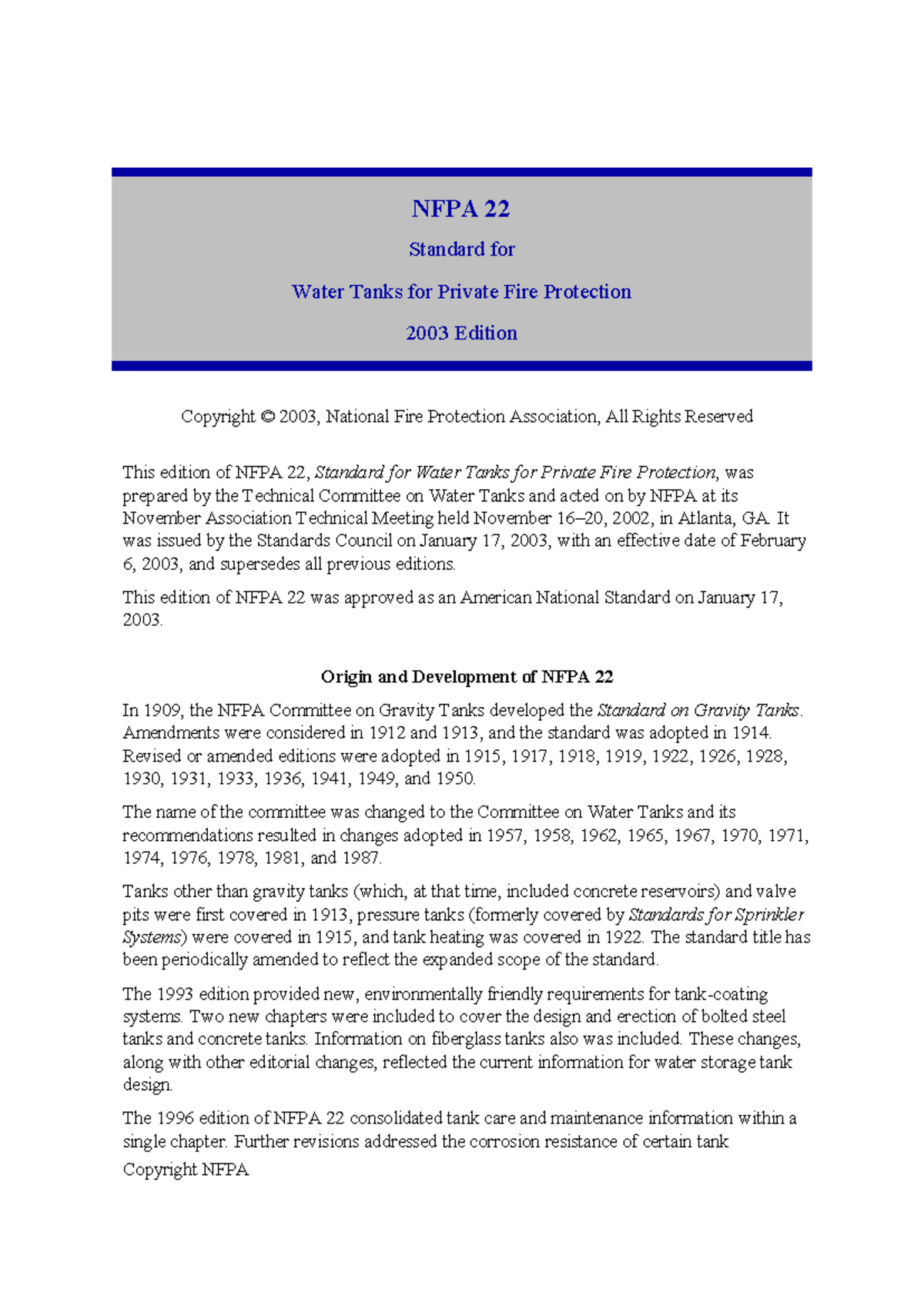 NFPA 22 Standard for Design Water Tanks for Private Fire Protection ...