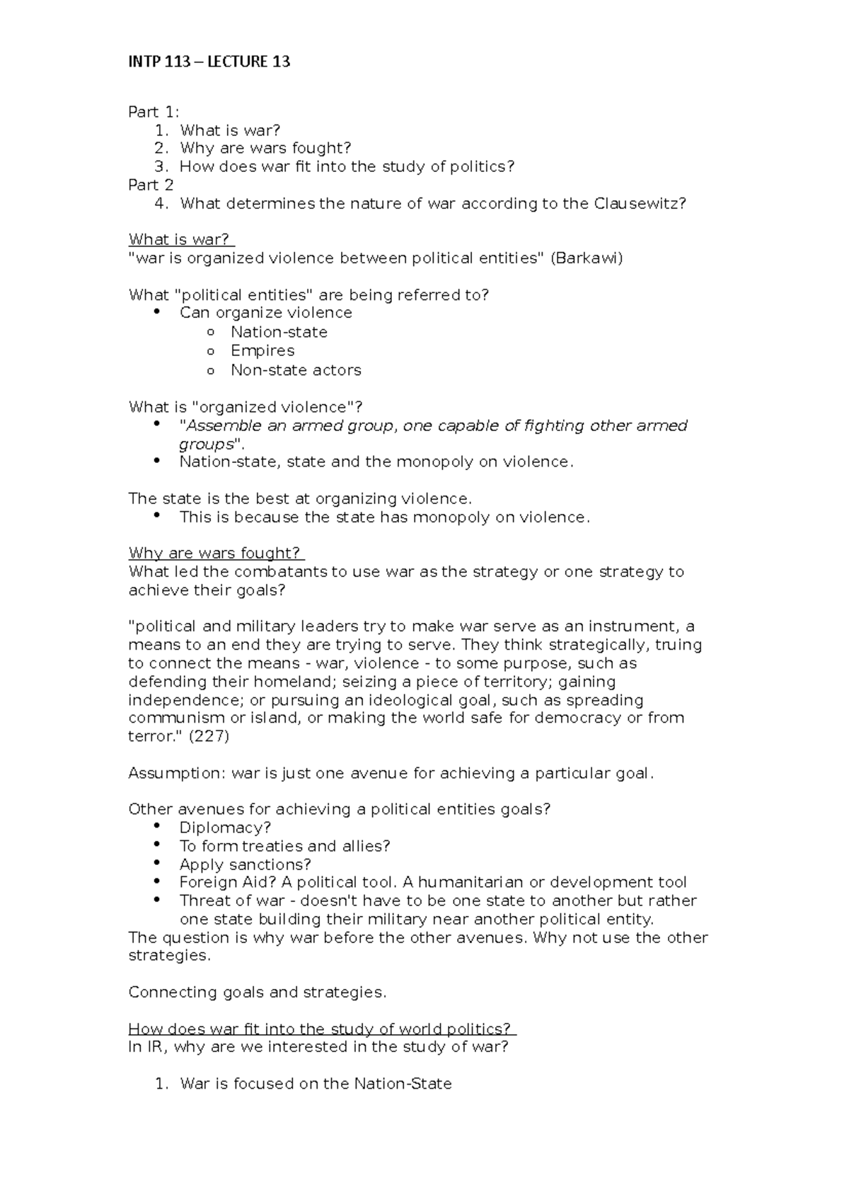 INTP 113 Lecture 13 INTP 113 LECTURE 13 Part 1 1 What Is War 2 intp-113-lecture-13-intp-113-lecture-13-part-1-1-what-is-war-2