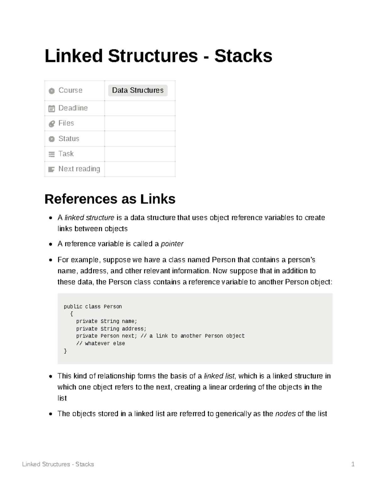 Linked Structures - Stacks - Linked Structures - Stacks Course Data ...