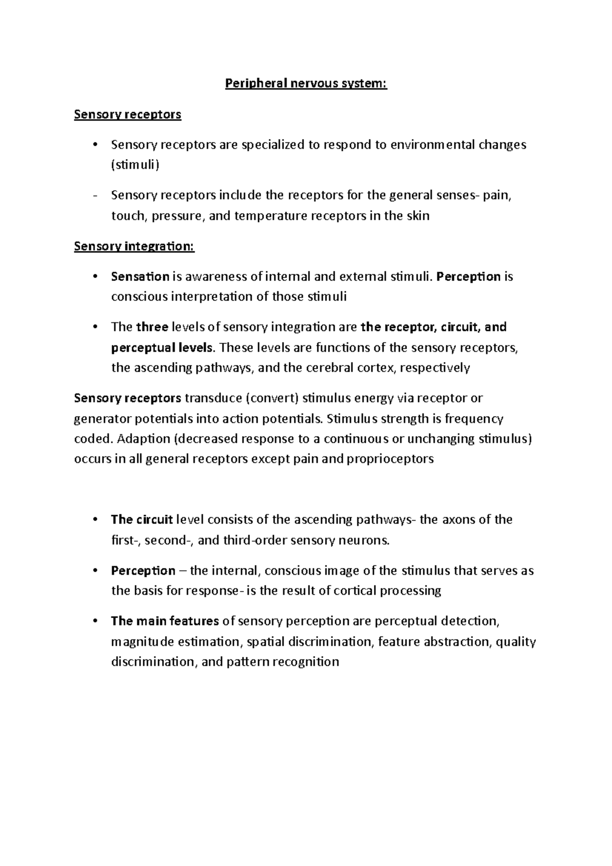 PNS - Lecture notes 1 - Peripheral nervous system: Sensory receptors ...