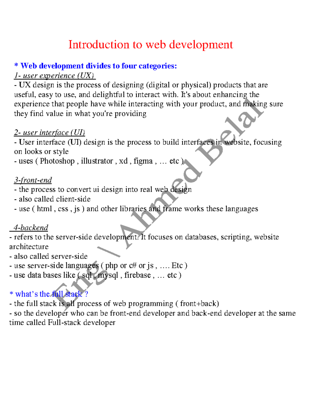 Lec 2 - Summary Web Site Development - Introduction to web development * Web development divides ...