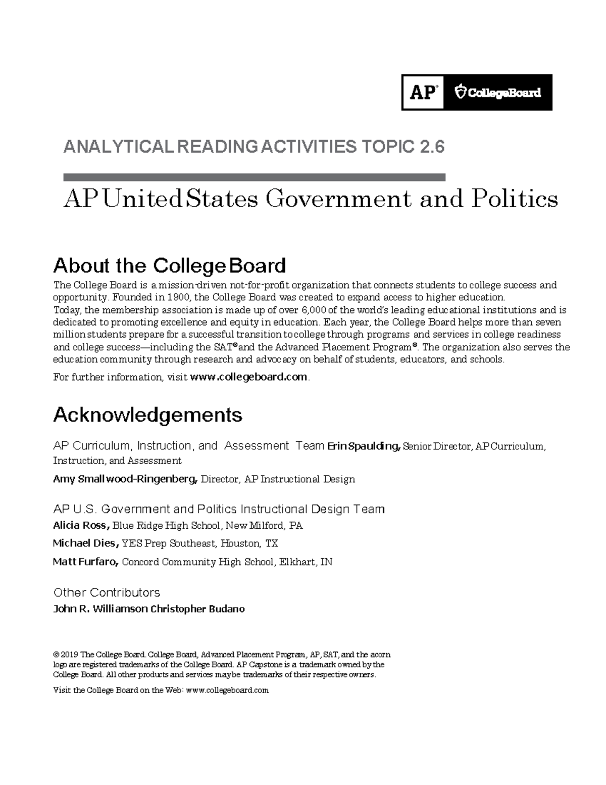 Analytical reading 4 - ANALYTICAL READING ACTIVITIES TOPIC 2. AP United ...