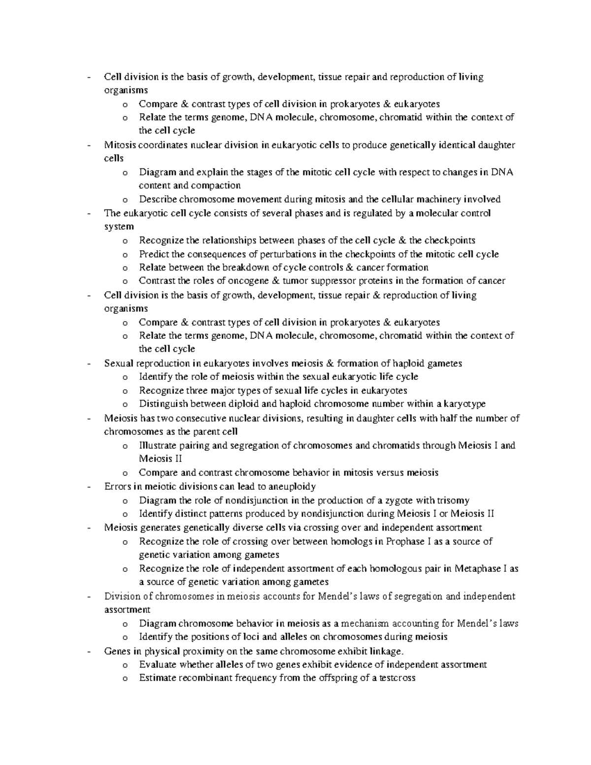 Bio - Exam 2 Learning Targets - October 23, 2023 - Cell division is the ...