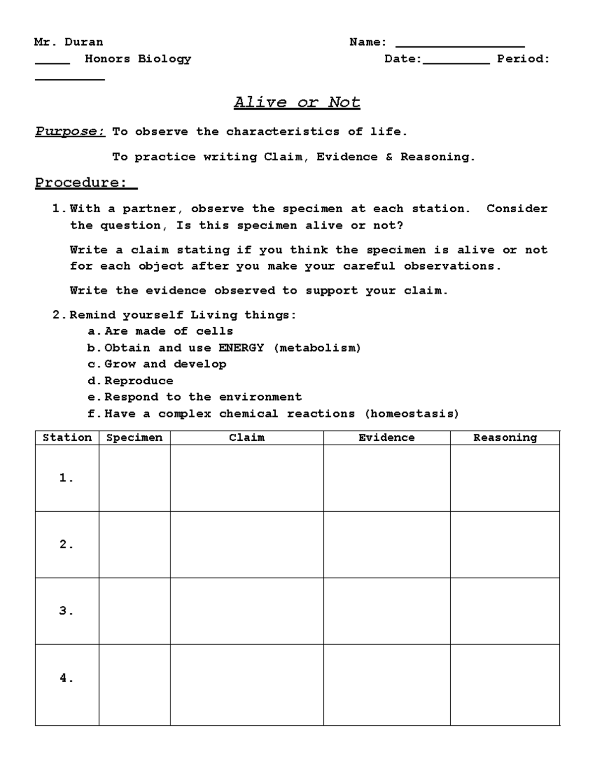 Alive or not activity - Mr. Duran Name: Honors Biology Date: Period ...