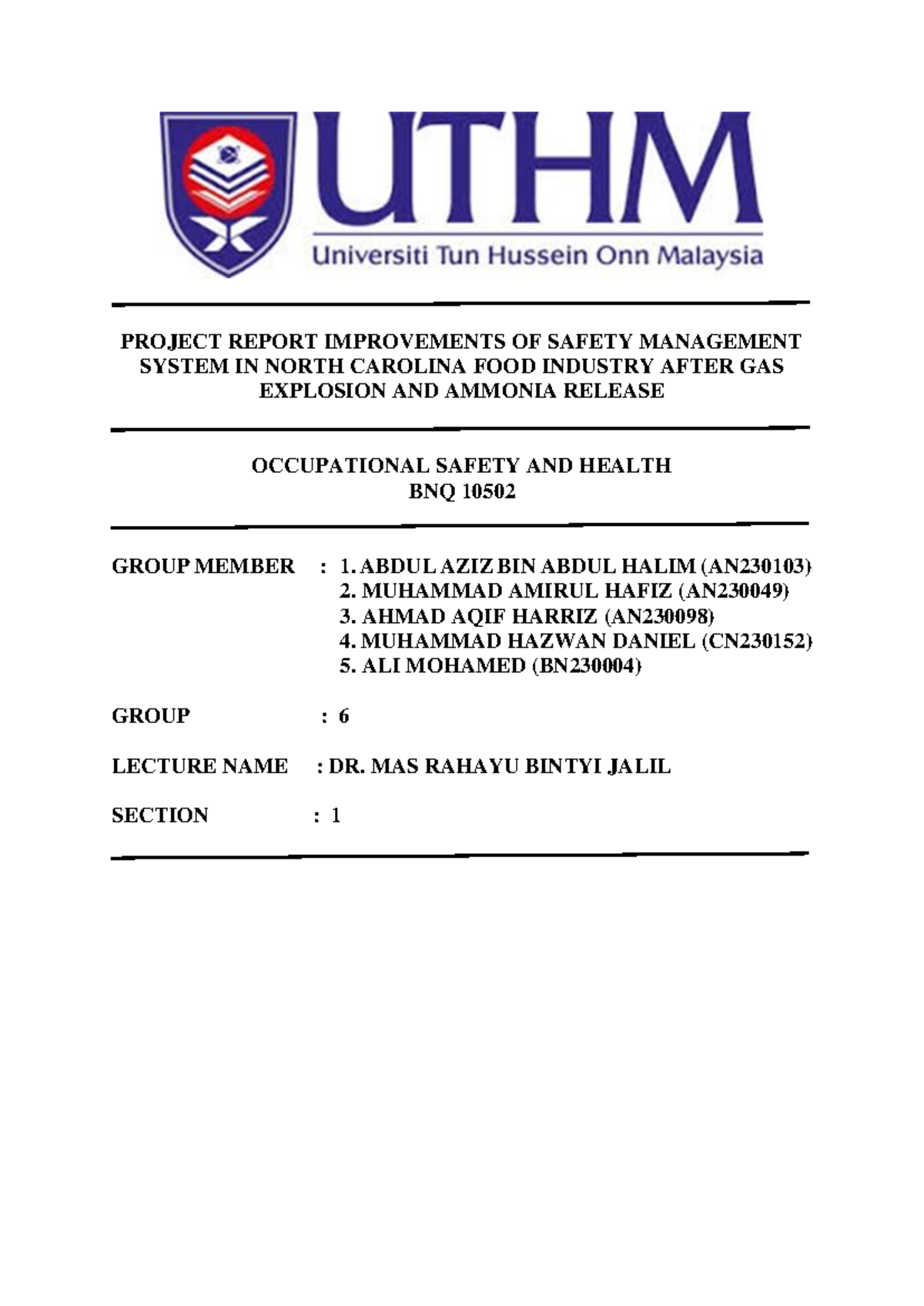 Assingment 1 OSHG6 - Example report for OSH - PROJECT REPORT ...