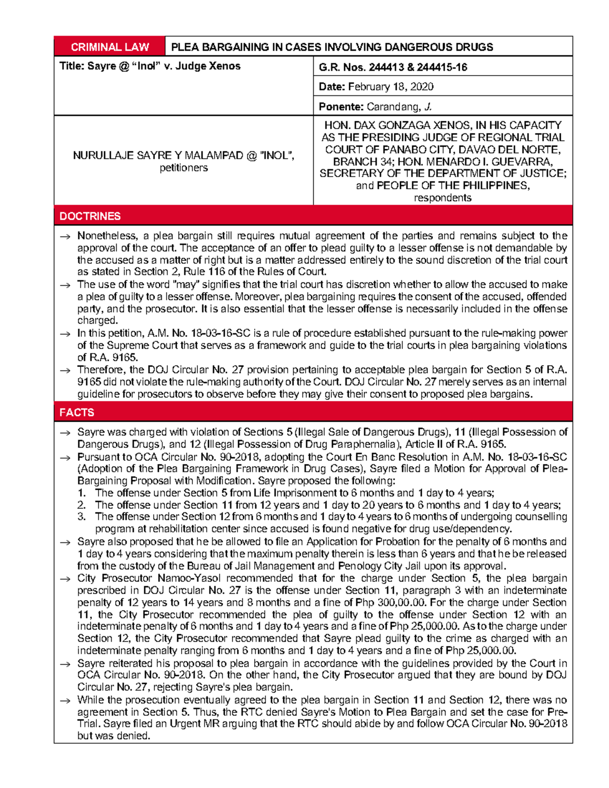 Sayre @ “Inol” v. Judge Xenos - Case Digest - CRIMINAL LAW PLEA ...