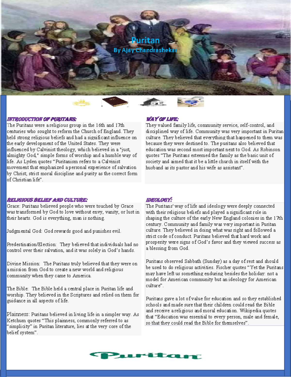 Puritan Culutre Info - Works Cited Puritan By Ajay Chandrashekar The ...