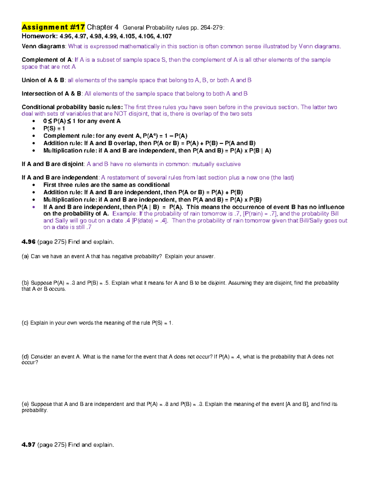 OK UA Stat Assignment #17 - Assignment #1 7 Chapter 4 General ...