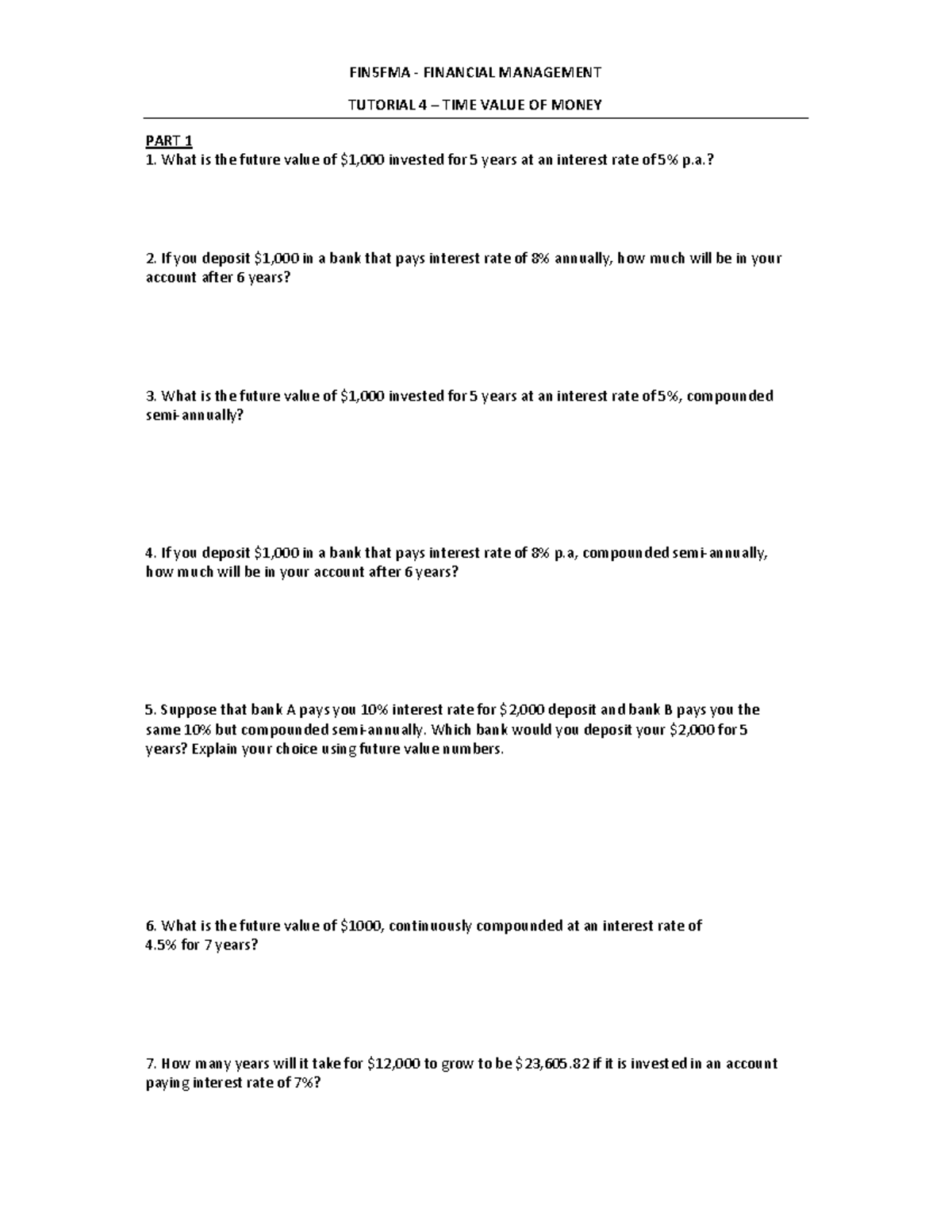 Tutorial 4 Time Value of Money - FIN5FMA - FINANCIAL MANAGEMENT ...