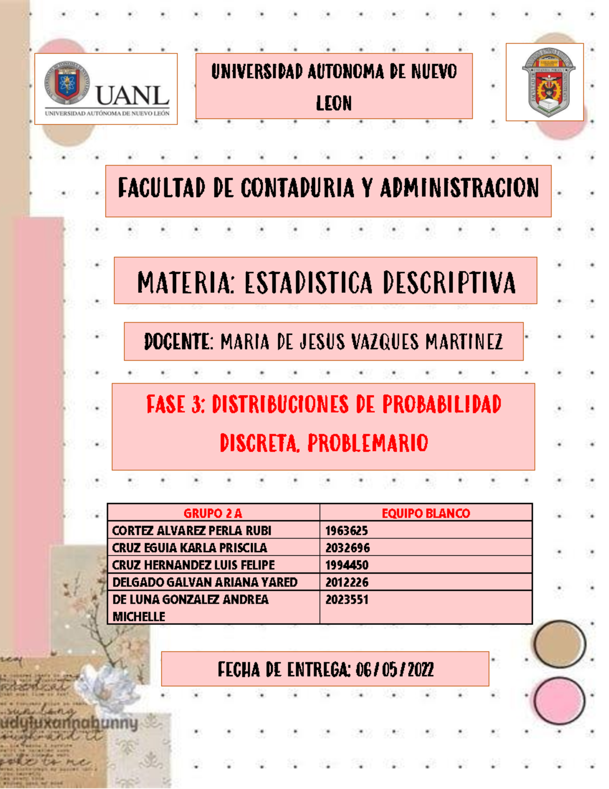 Eq Blanco Fase3 - Evidencia 3 de estadistica - UNIVERSIDAD AUTONOMA DE NUEVO LEON FACULTAD DE ...