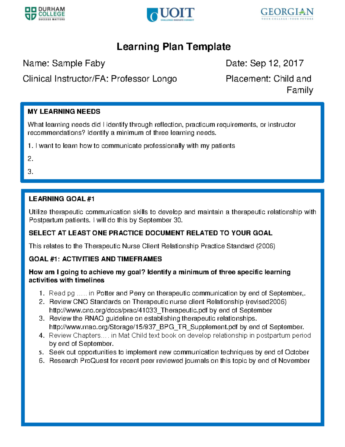 Sample Learning Plan - Lecture notes week 1 - Sept 5, 2017 1 Learning ...