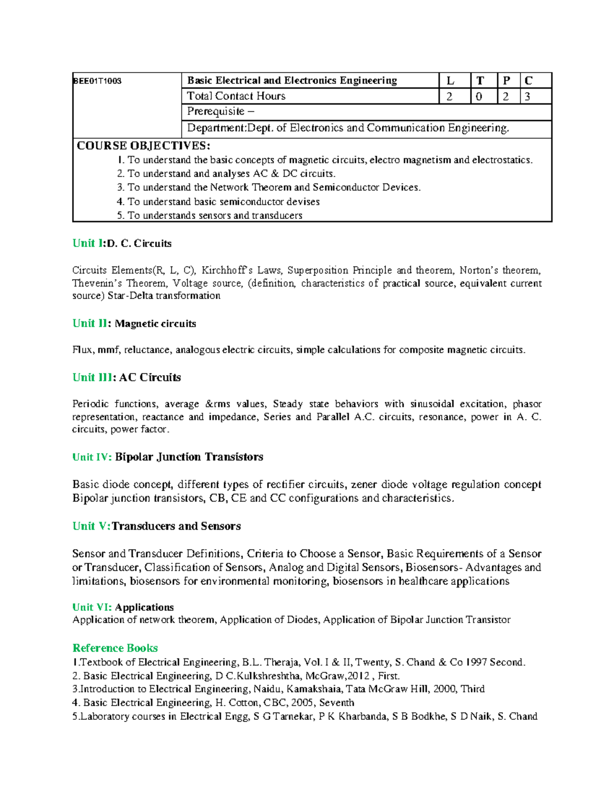 BEEE Syllabus'' - BEE01T1003 Basic Electrical and Electronics ...