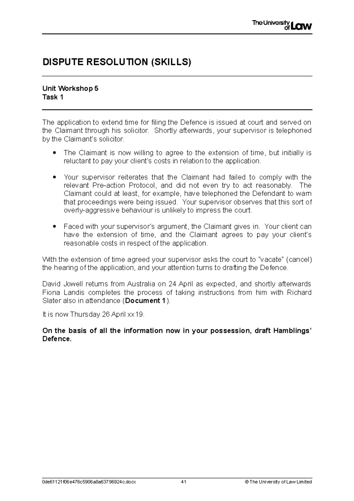 Task 1 - Workshop 5 Dispute resolution - DISPUTE RESOLUTION (SKILLS ...