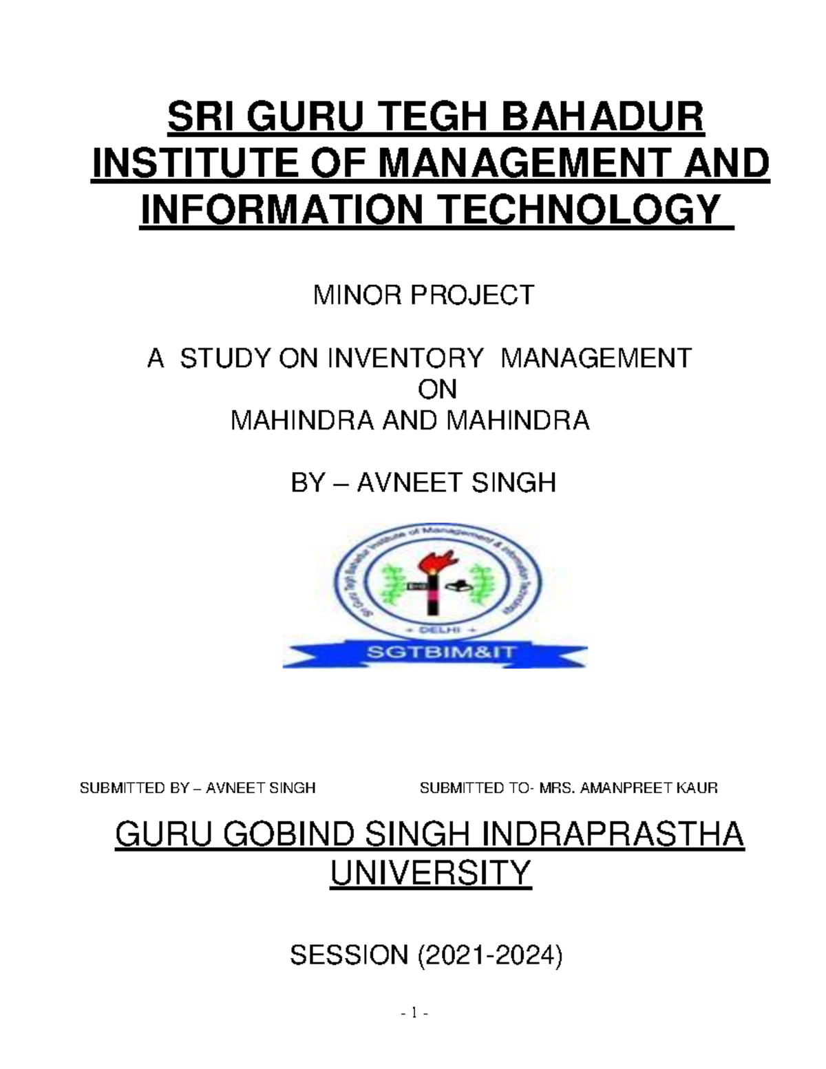 Study ON Inventory Management - SRI GURU TEGH BAHADUR INSTITUTE OF ...