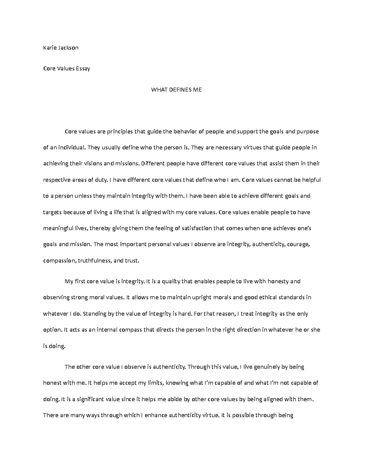Core values essay - Karie Jackson Core Values Essay WHAT DEFINES ME ...