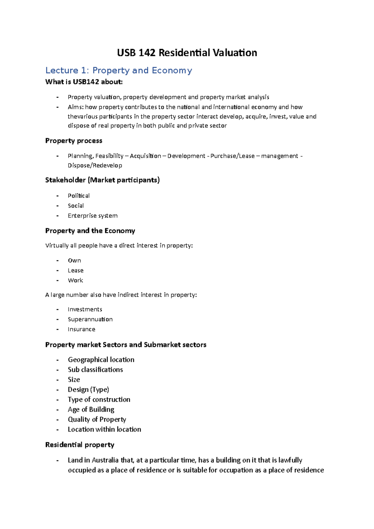 USB 142 Residential Valuation - USB 142 Residential Valuation Lecture 1 ...