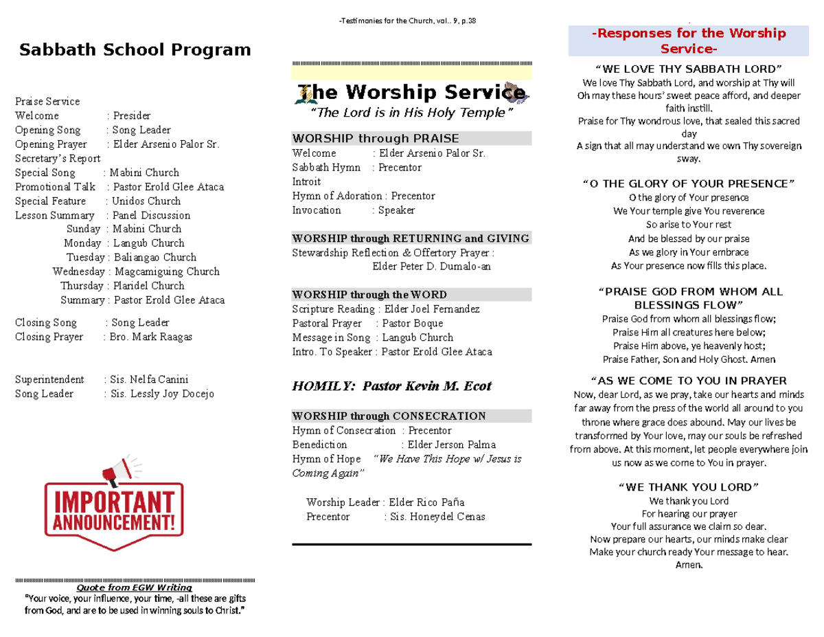 Sabbath School Program - Sabbath School Program Praise Service Welcome ...