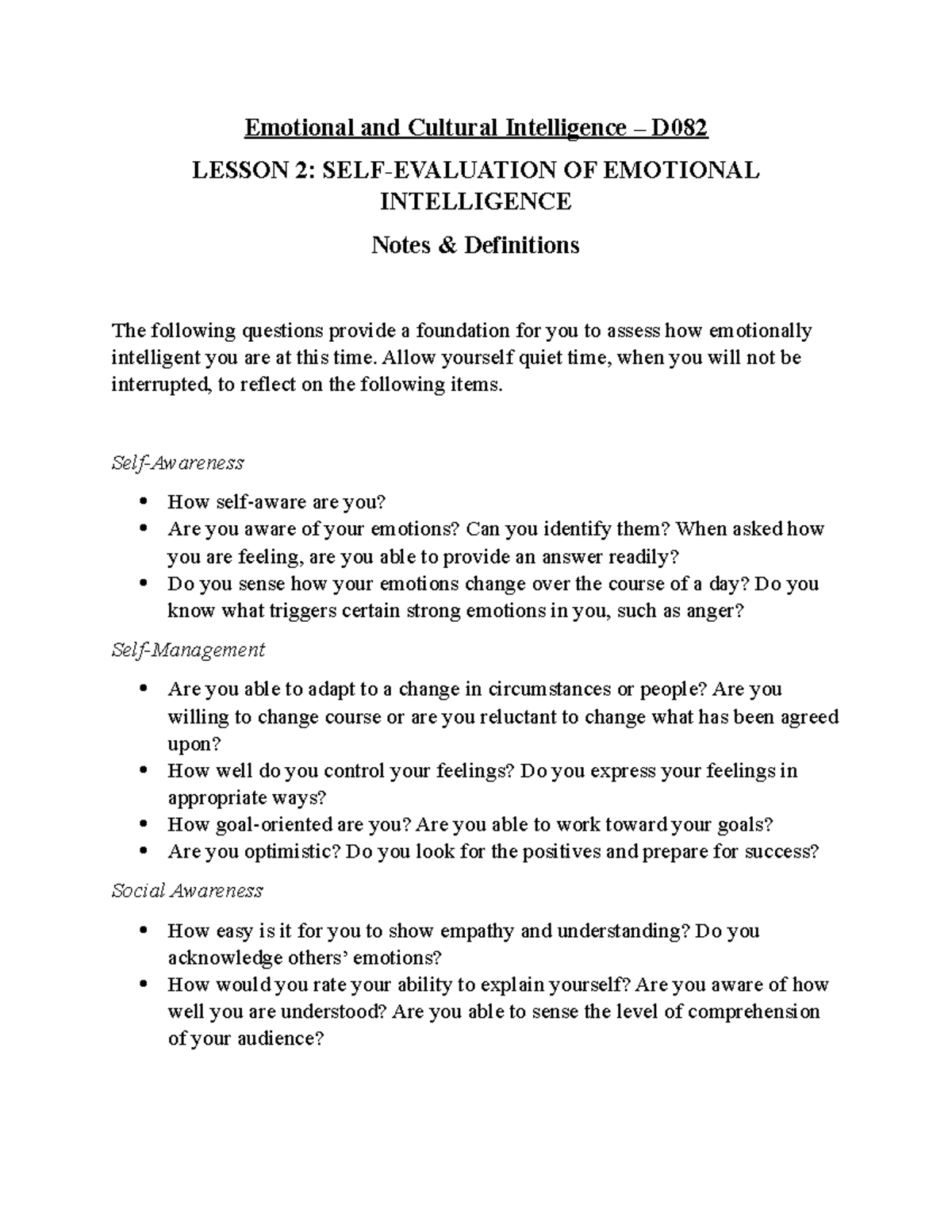 Lesson 2 - Self-Evaluation of Emotional Intelligence - Emotional and ...