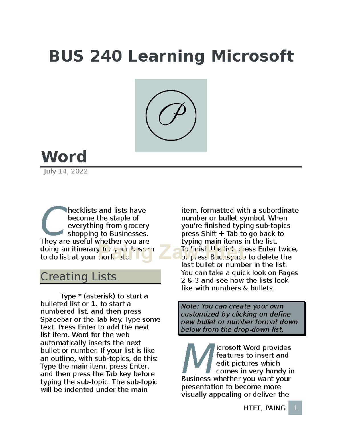 BUS240 Final Project Paing Htet - BUS 240 Learning Microsoft Word July ...