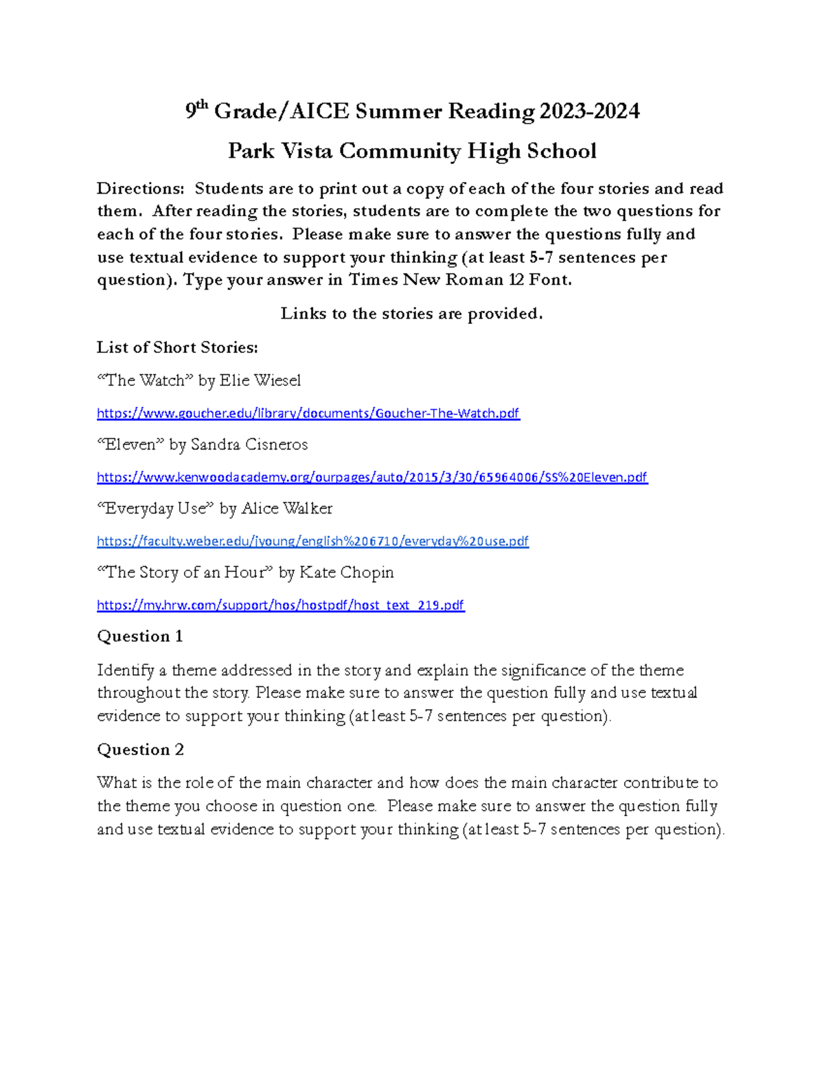 9th Grade AICE Summer Reading Short Stories - 9 th Grade/AICE Summer ...