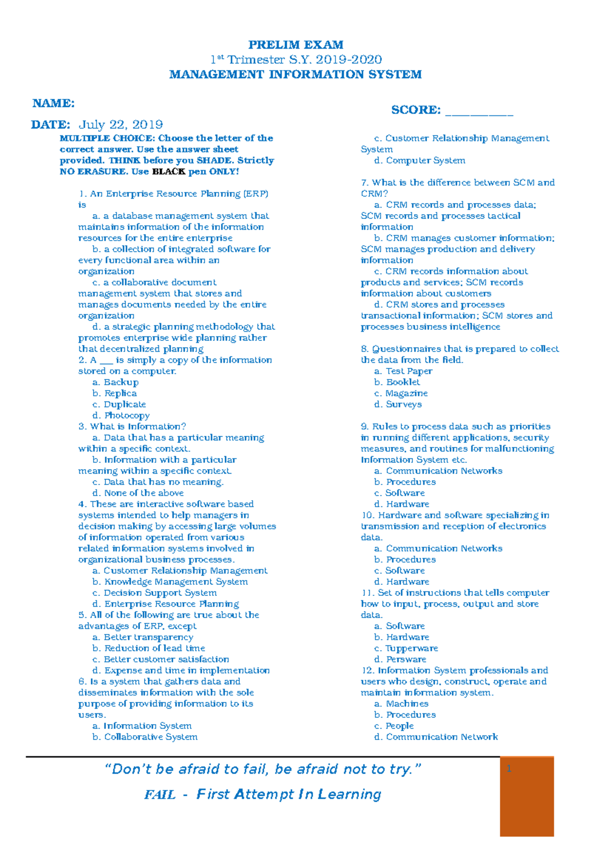 Exam 22 July 2019, questions - PRELIM EXAM 1 Trimester S. MANAGEMENT ...